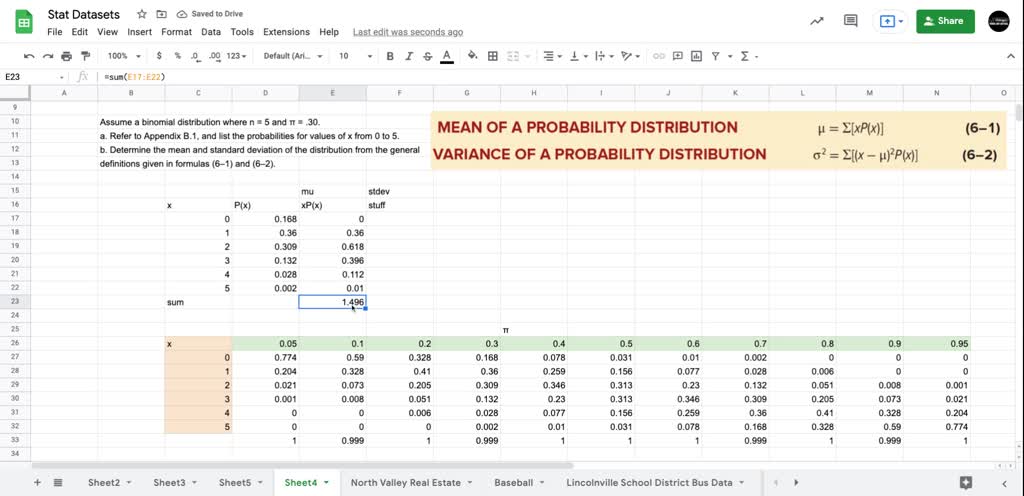 SOLVED:Assume a binomial distribution where n=5 and π=.30. a. Refer to Appendix B,1 and list the ...