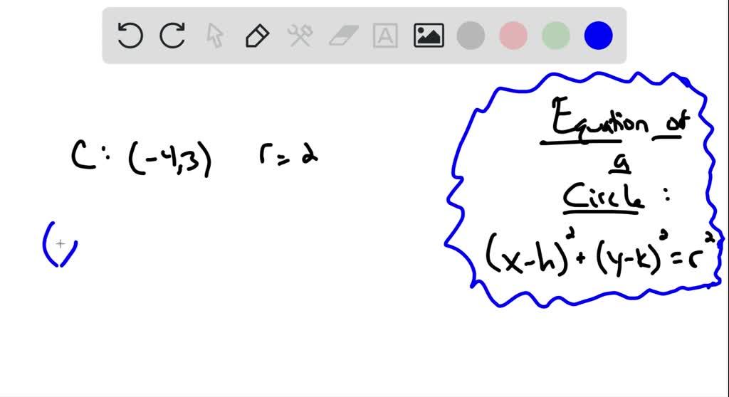 SOLVED:Find the equation of a circle satisfying the given conditions. Center: (-4,3) ; radius: 2