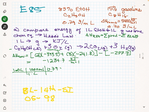 The automobile fuel called E85 consists of 85 % ethanol and 15 % ...