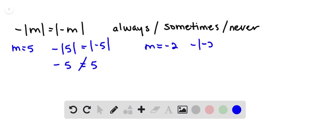 SOLVED:A student wrote the equation -|m|=|-m| . Is the equation always ...