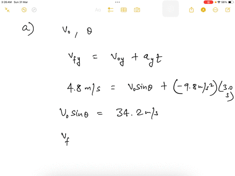 SOLVED: Se dispara un proyectil hacia arriba con un ángulo θpor encima de la horizontal con una ...
