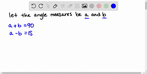 SOLVED:Two angles are complementary. Their difference is 18^∘ . Find the measure of each angle ...