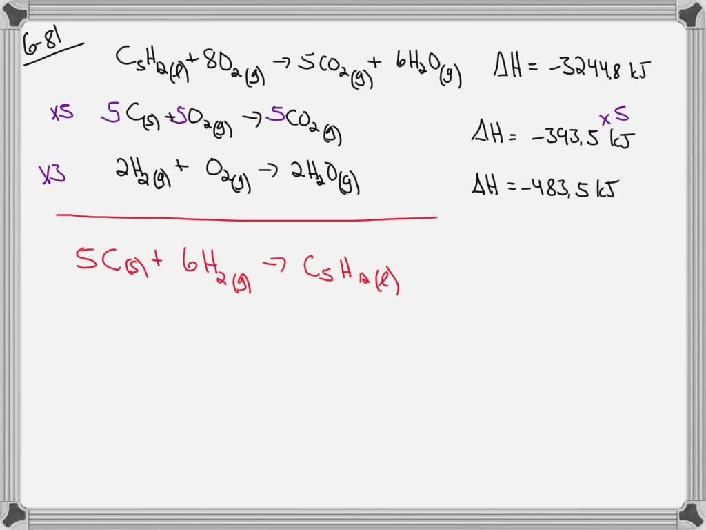 SOLVED:Calculate ΔHrxn for the reaction: 5 C(s)+6 H2(g) C5 H12(l) Use ...