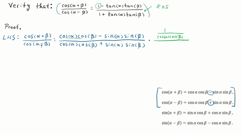 SOLVED:Establish each identity. (cos(α+β))/(cos(α-β))=(1-tanαtanβ)/(1 ...
