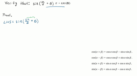 SOLVED:In Problems 47–72, establish each identity cos((3 π)/(2)+θ)=sinθ