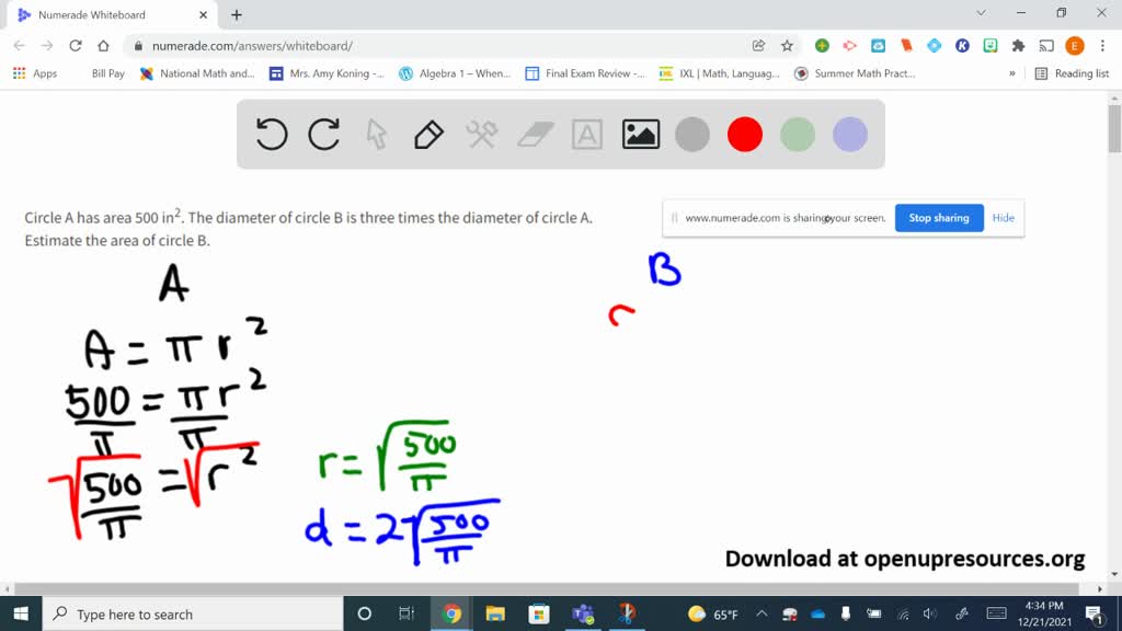 ⏩SOLVED:Circle A has area 500 in ^2. The diameter of circle B is ...