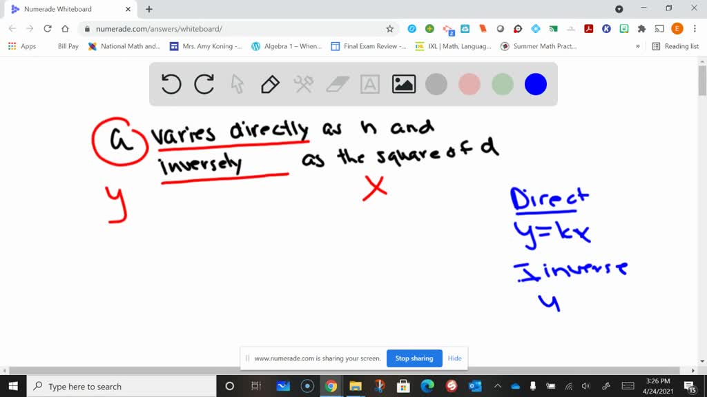 Solved Write A Variation Model Use K As The Constant Of Variation A