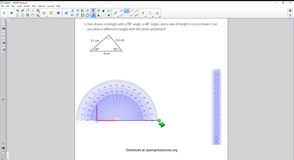 SOLVED:Han draws a triangle with a 50^∘ angle, a 40^∘ angle, and a side ...