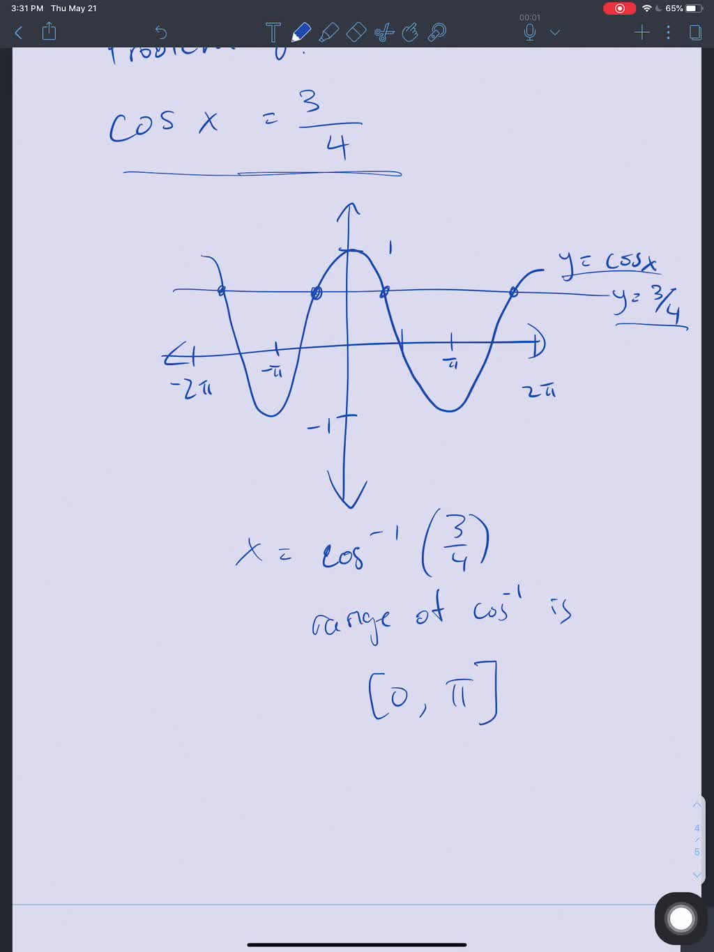For the equation cosx=(3)/(4) and the graphs of y=cosx and y=(3)/(4 ...
