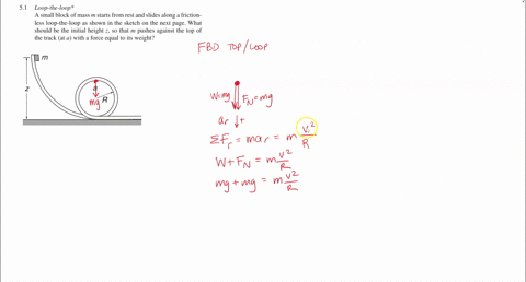 A small block of mass m starts from rest and slides along a frictionless loop-the-loop as shown ...