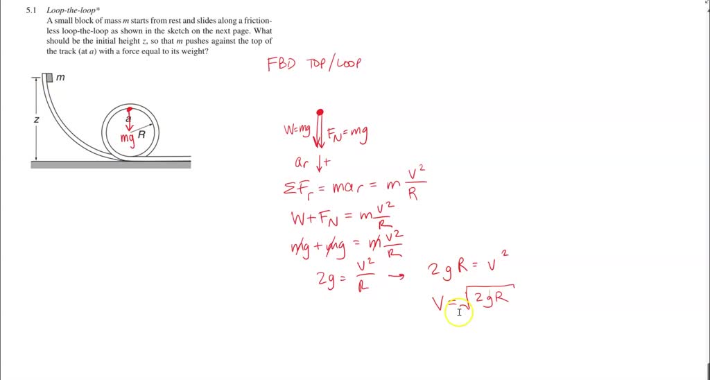 A small block of mass m starts from rest and slides along a frictionless loop-the-loop as shown ...