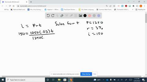 SOLVED:Solve i=P r t for t, given that P= 1250, r=3 %, and i= 150.