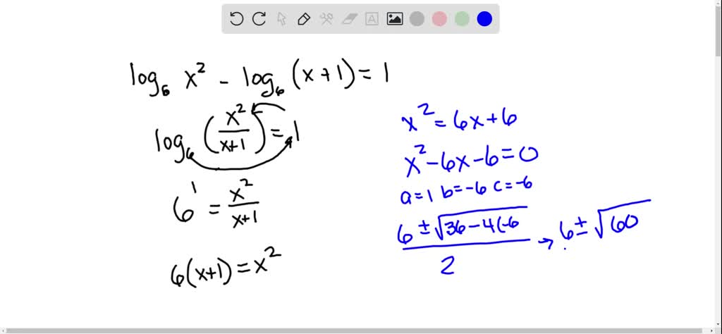 SOLVED:Solve each equation for the variable. log6(x^2)-log6(x+1)=1