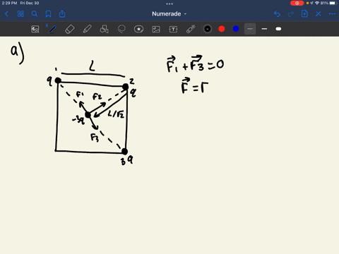 Three identical point charges q are placed at each of three corners of a square of side L . Find ...