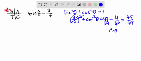 SOLVED:If sin(θ)=(2)/(7), and θis in quadrant II, find cos(θ), sec(θ), csc(θ), tan(θ), cot(θ).