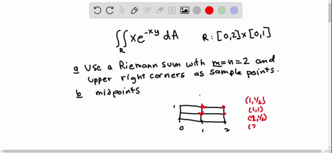 SOLVED:(a) Use a Riemann sum with m=n=2 to estimate the value of ∬R x e ...