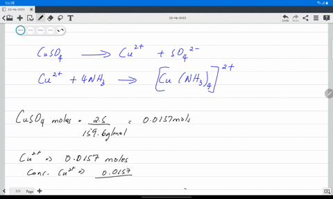 Si 2.50 g^2 de CuSO4 se disuelven en 9.0 ×10^2 mL de NH3 0.30 M, ¿cuáles son las concentraciones ...