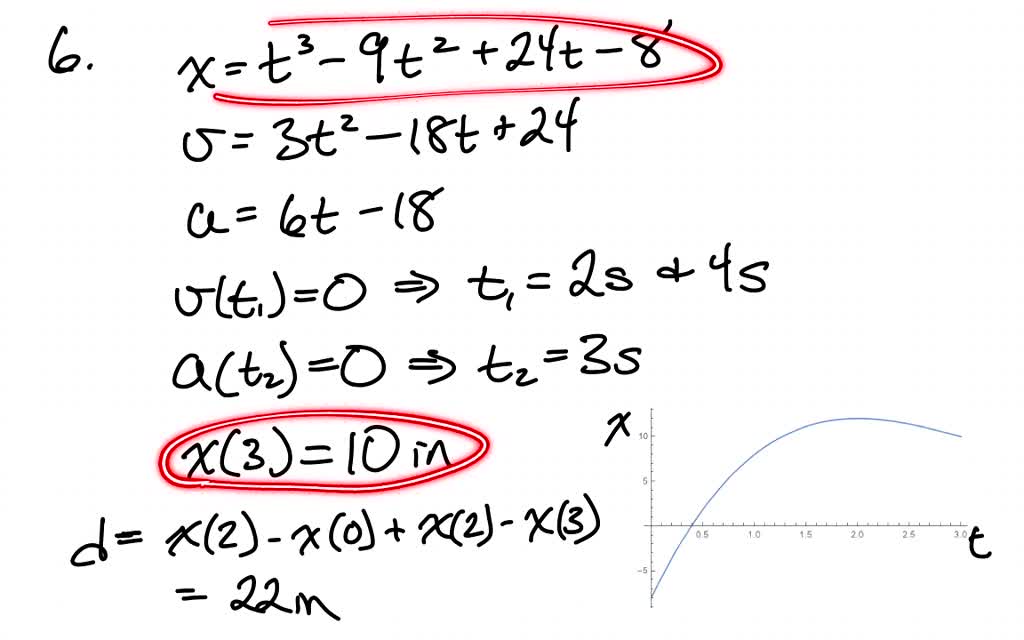 The motion of a particle is defined by the relation x=t^3-9 t^2+ 24 t-8, where x and t are ...