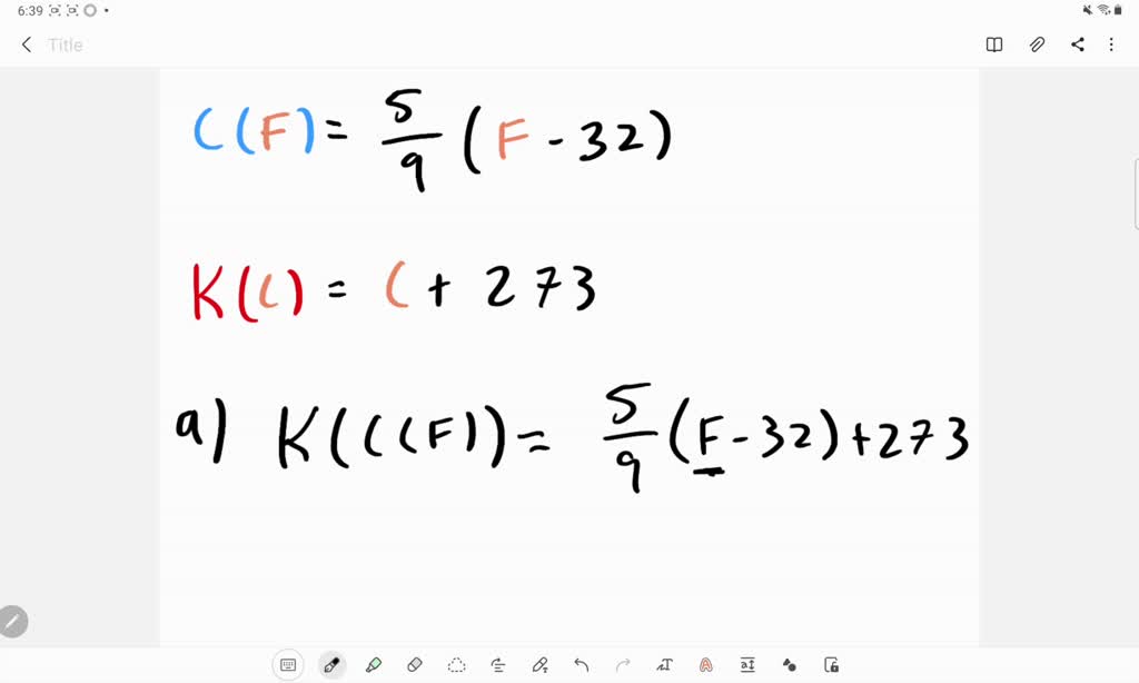 SOLVED:Temperature Conversion The function C(F)=(5)/(9)(F-32) converts ... SOLVED:Temperature Conversion The function C(F)=(5)/(9)(F-32) converts ...
