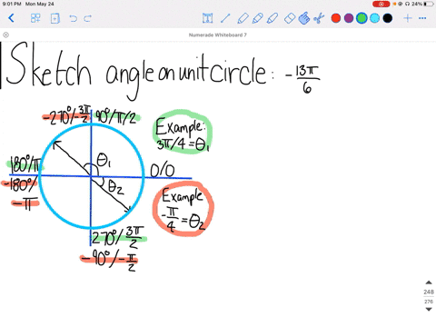 SOLVED:Make a sketch of the angle on a unit circle. -(13 π)/(6) radians