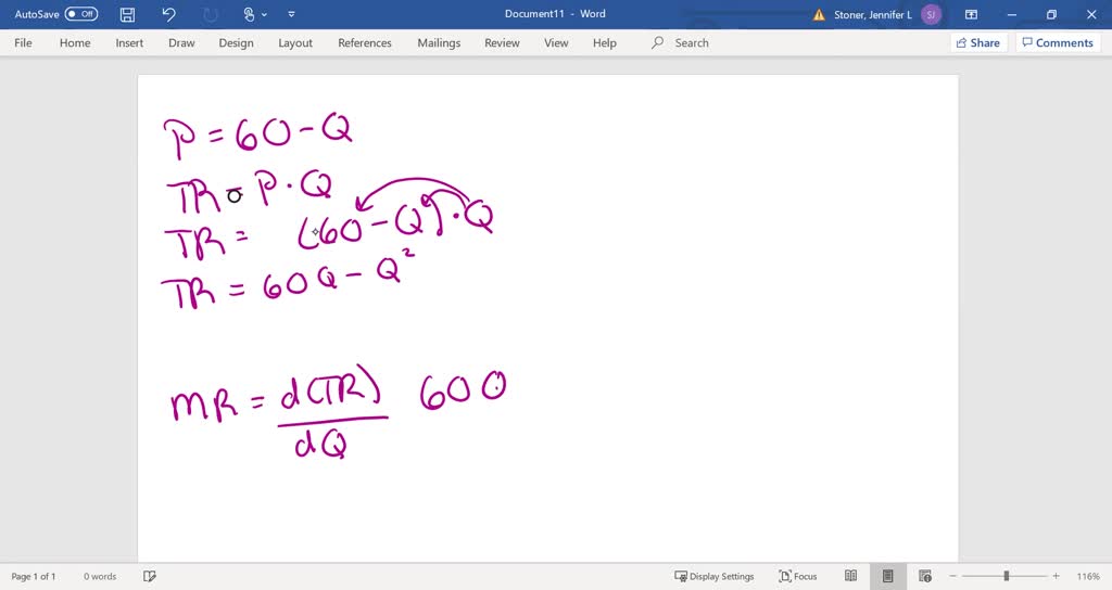 SOLVED: If the demand function is P=60-Q find an expression for TR in ...