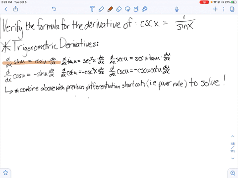 SOLVED:Verify the formula for the derivative of cscx=1 /(sinx)