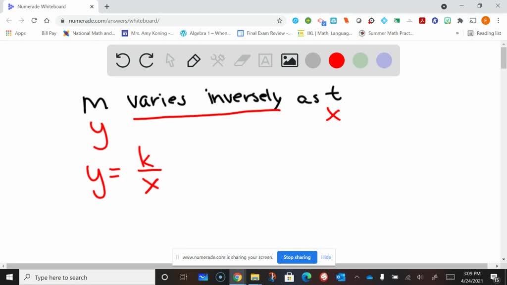 SOLVED:Write a variation model. Use k as the constant of variation. m varies inversely as t