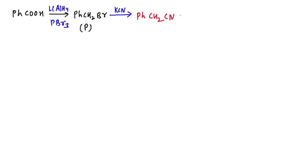SOLVED:Identify R in the following reaction. PhCOOH (LiAlH4)/(PBr3)^KCN ...