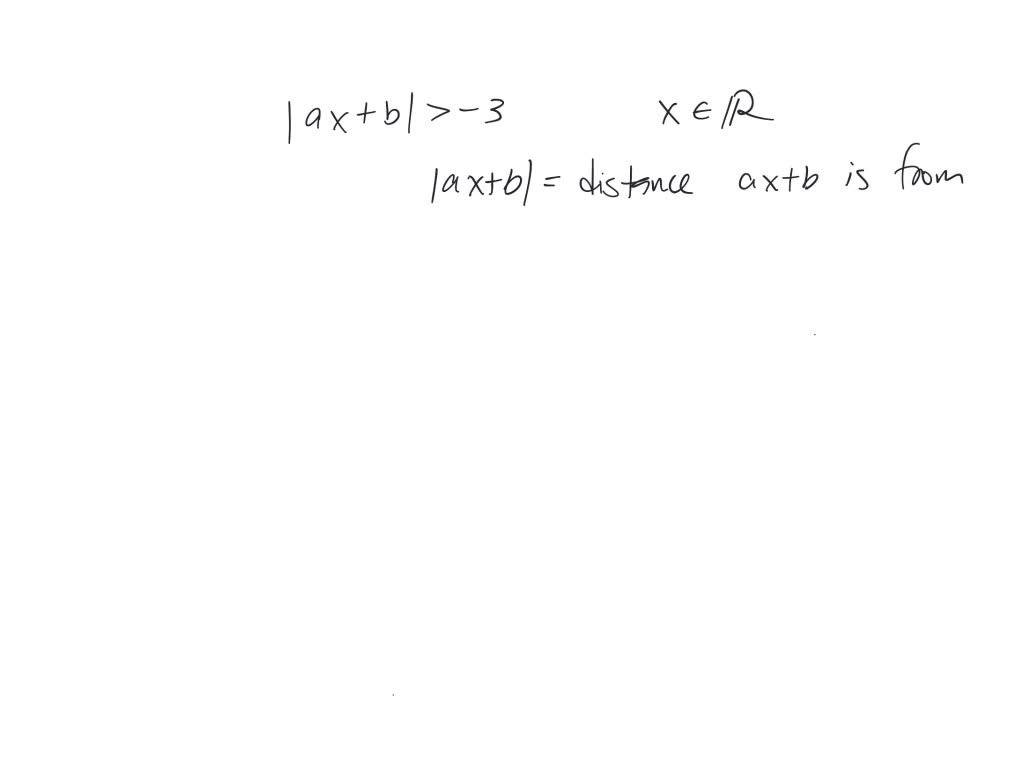 SOLVED:Explain why |a x+b|>-3 has solution all real numbers for any ...