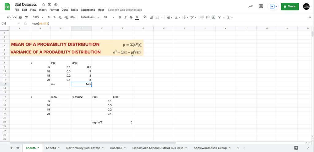 SOLVED:Find the mean, variance, and standard deviation for a random ...