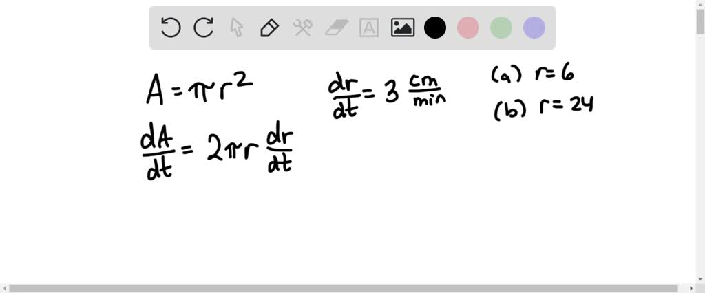SOLVED:Area The radius r of a circle is increasing at a rate of 3 centimeters per minute. Find ...