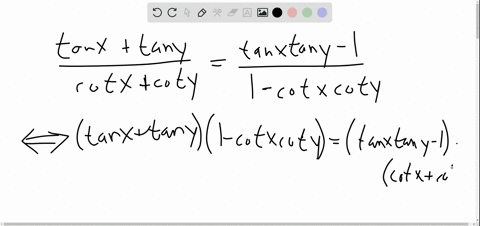 SOLVED:Verify the identity. (tanx+tany)/(1-tanx tany)=(cotx+coty)/(cotx ...