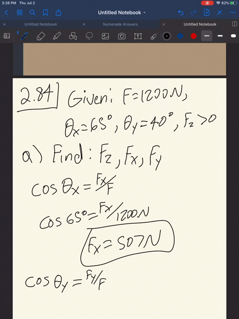 A Force Acts At The Origin Of A Coordinate System In A Direction Defined By The Angles θy 120 ∘