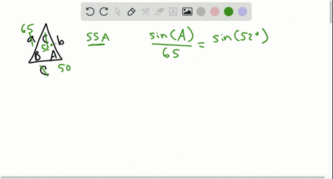 SOLVED: Solving a Triangle Solve triangle ABC. a=65, c=50, ∠C=52^∘ ...