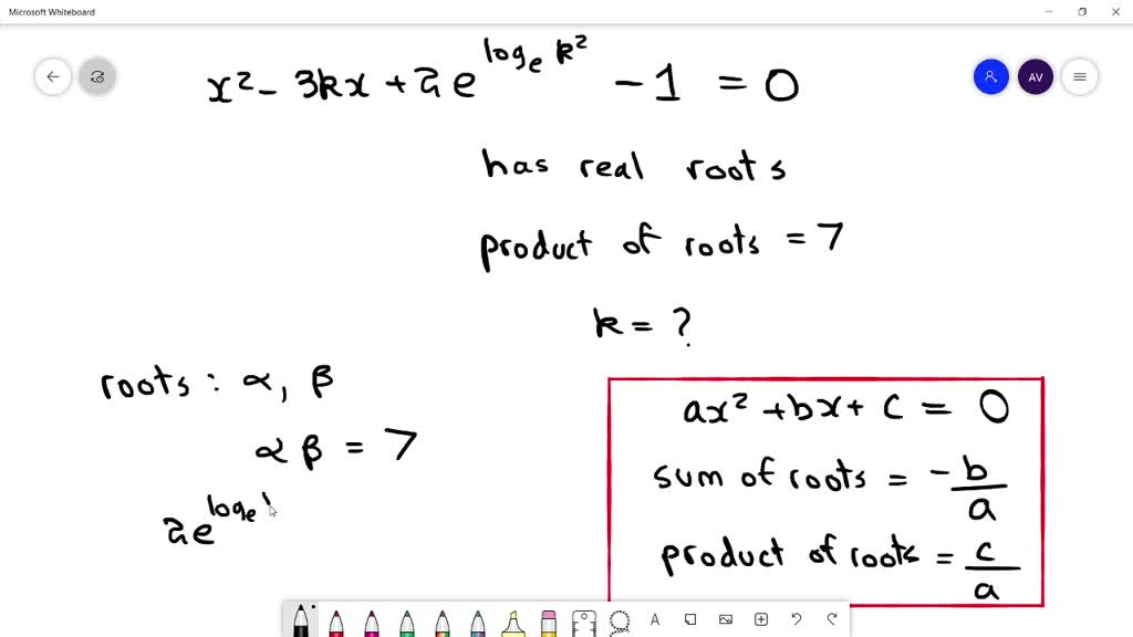 SOLVED:The equation x^2-3 k x+2 e^lngx k^2-1=0 has real roots such that ...