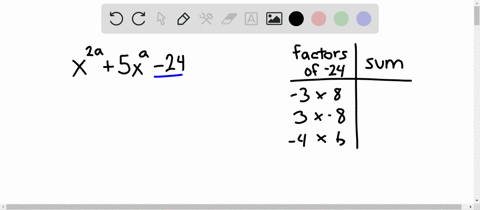 SOLVED:Factor. Assume that variables in exponents represent positive integers. x^2 a+5 x^a-24