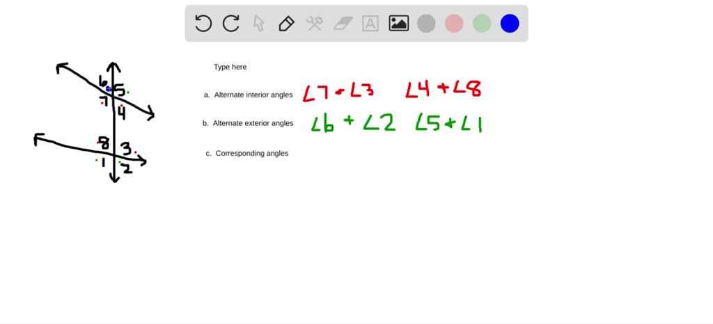SOLVED:a. Name all pairs of alternate interior angles. b. Name all pairs of alternate exterior ...
