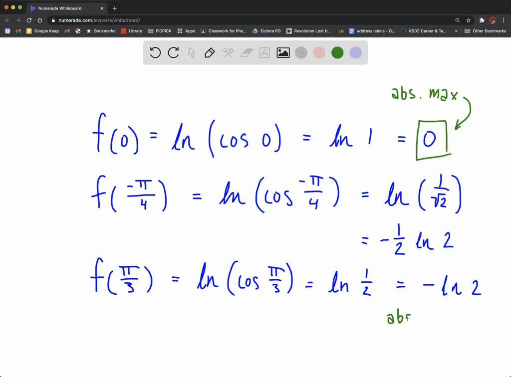 SOLVED:Locate and identify the absolute extreme values of a. \ln (\cos ...