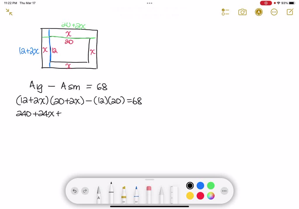SOLVED:A rectangular plot of ground measuring 12 meters by 20 meters is surrounded by a sidewalk ...