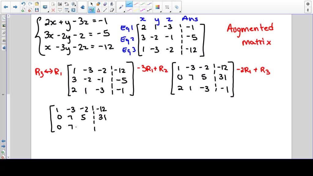 Use matrices to solve the system. \left\{\begin{a…