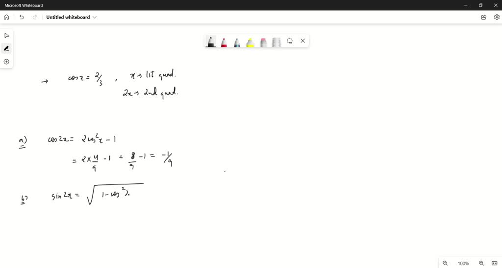 SOLVED:Find the exact values of a x sin(2 x), b) cos(2 x), and c ) tan(2 x) without solving for ...