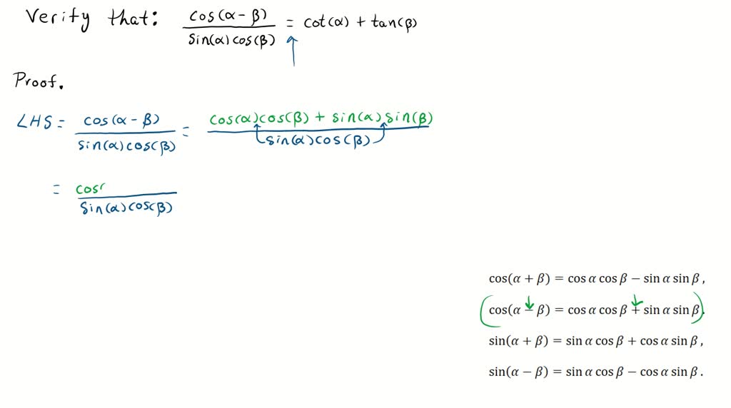 Establish each identity. (cos(α-β))/(sinαcosβ)=cotα+tanβ | Numerade