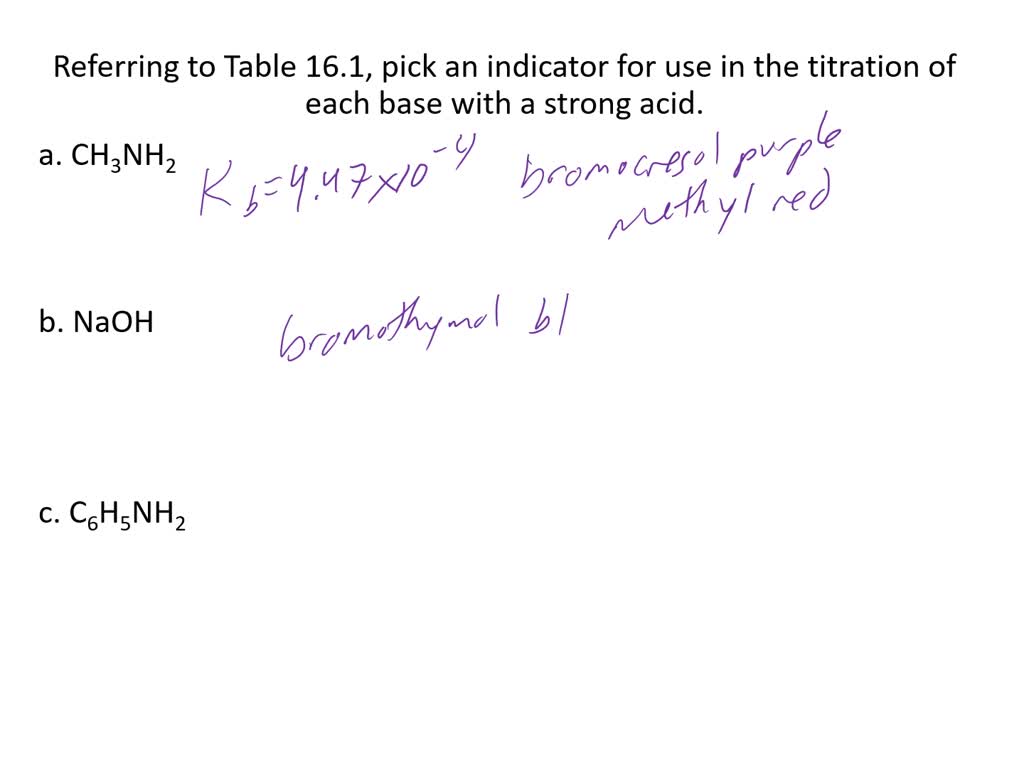 SOLVED:Referring to Table 18.1, pick an indicator for use in the titration of each base with a ...