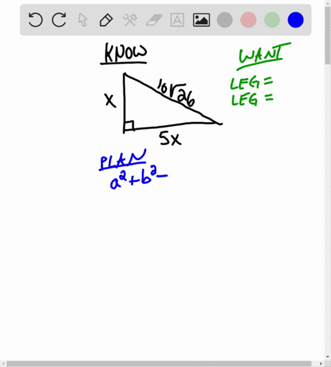 SOLVED:Solve each problem. If one leg of a right triangle is five times the other leg, and the ...