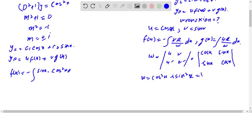 Resuelva cada ecuación diferencial por medio de variación de parámetros. y^n '+y=cos^2 x | Numerade