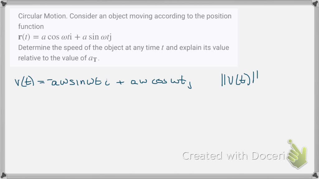 SOLVED:Circular Motion. Consider an object moving according to the position function 𝐫(t)=a ...