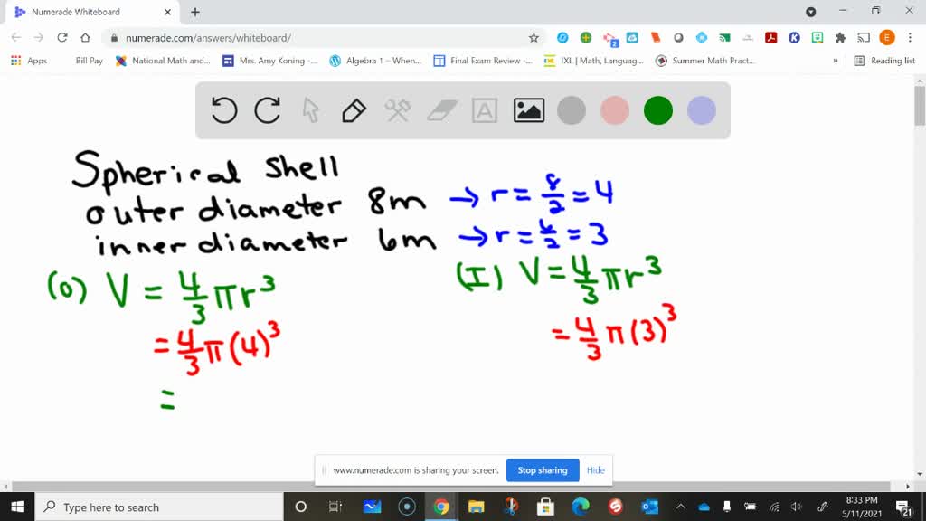 SOLVED:Find the volume of a spherical shell with an outer diameter of 8 ...