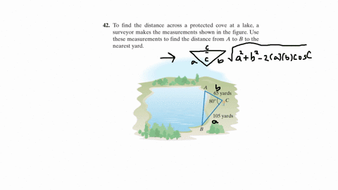 To find the distance across a protected cove at a lake, a surveyor ...