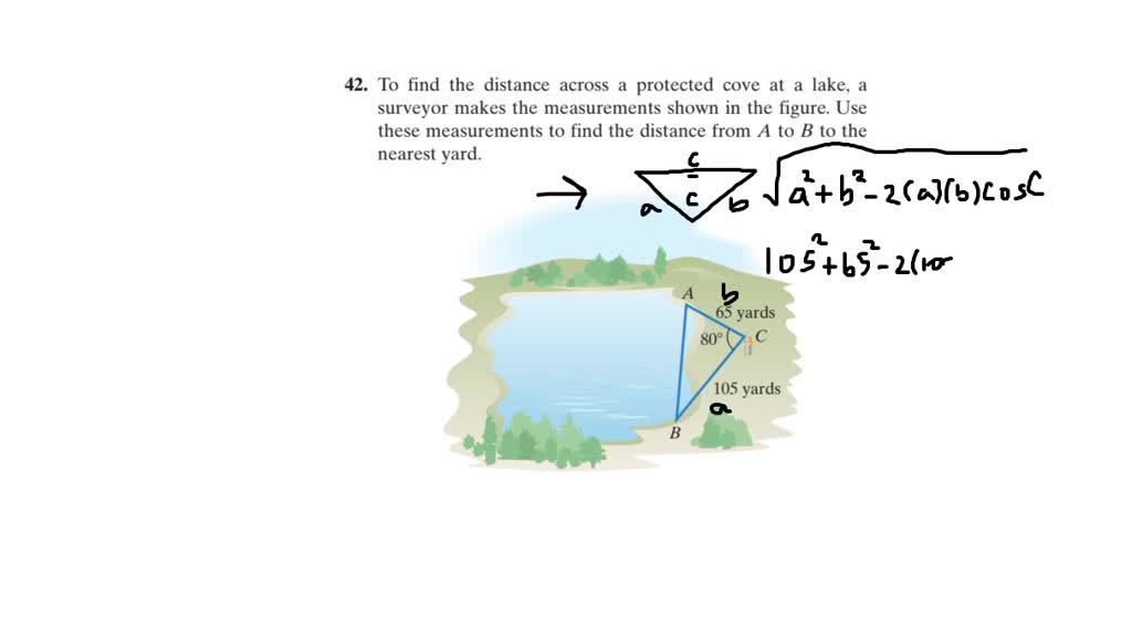 To find the distance across a protected cove at a lake, a surveyor ...