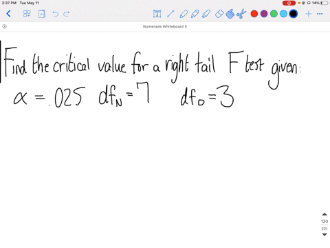 SOLVED:Find the critical F-value for a right-tailed test using the ...
